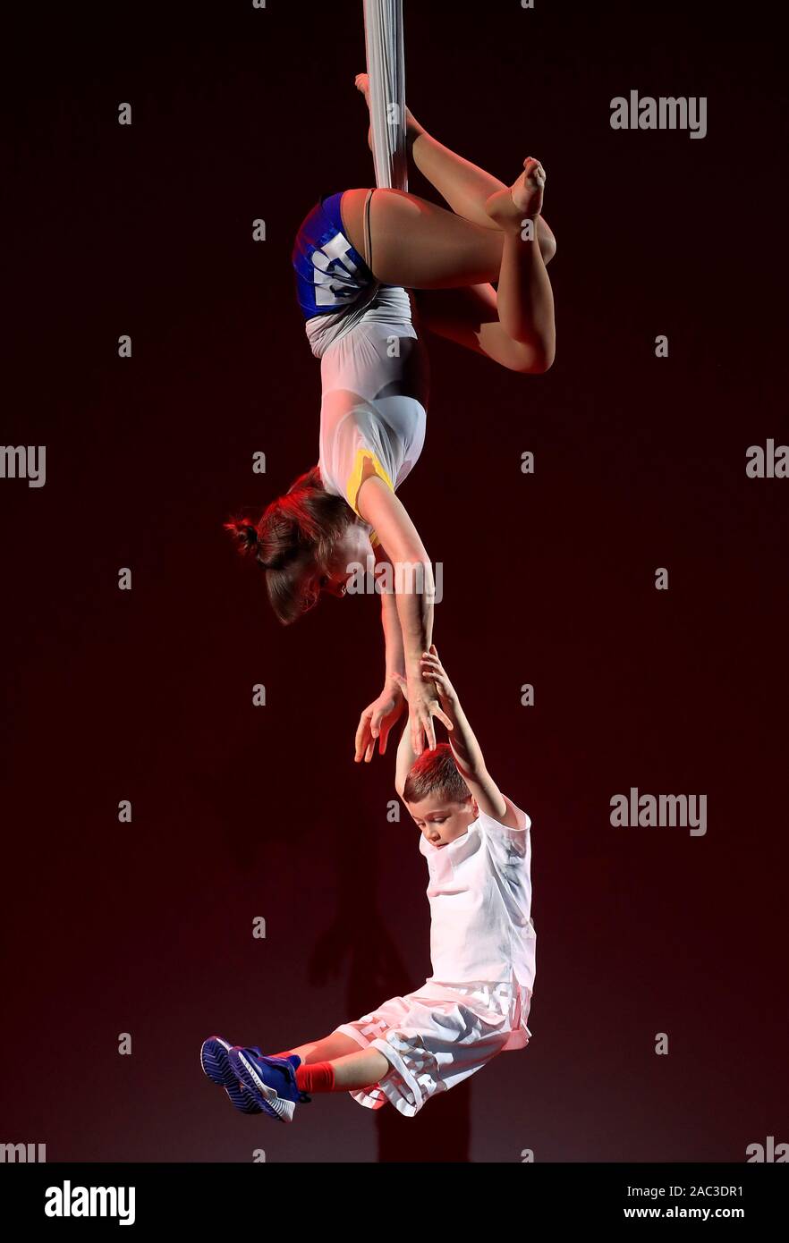 Aerial silk performance artists during the Euro 2020 Draw at the ...