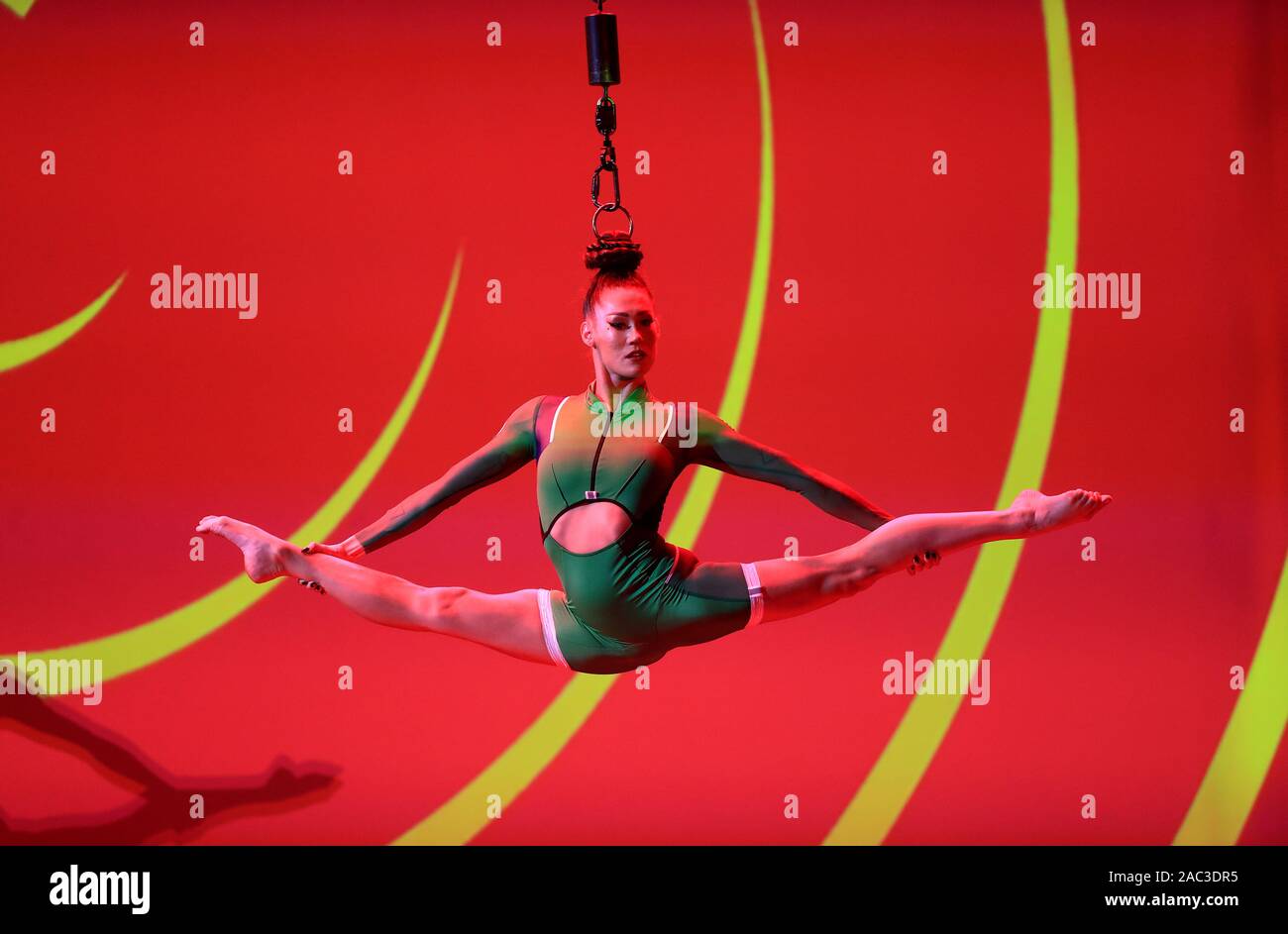 Aerial performance artists during the Euro 2020 Draw at the Romexpo ...