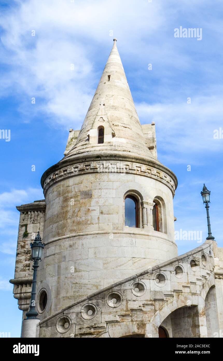 Fishermans Bastion in Budapest, Hungary. One of the towers with a round ...