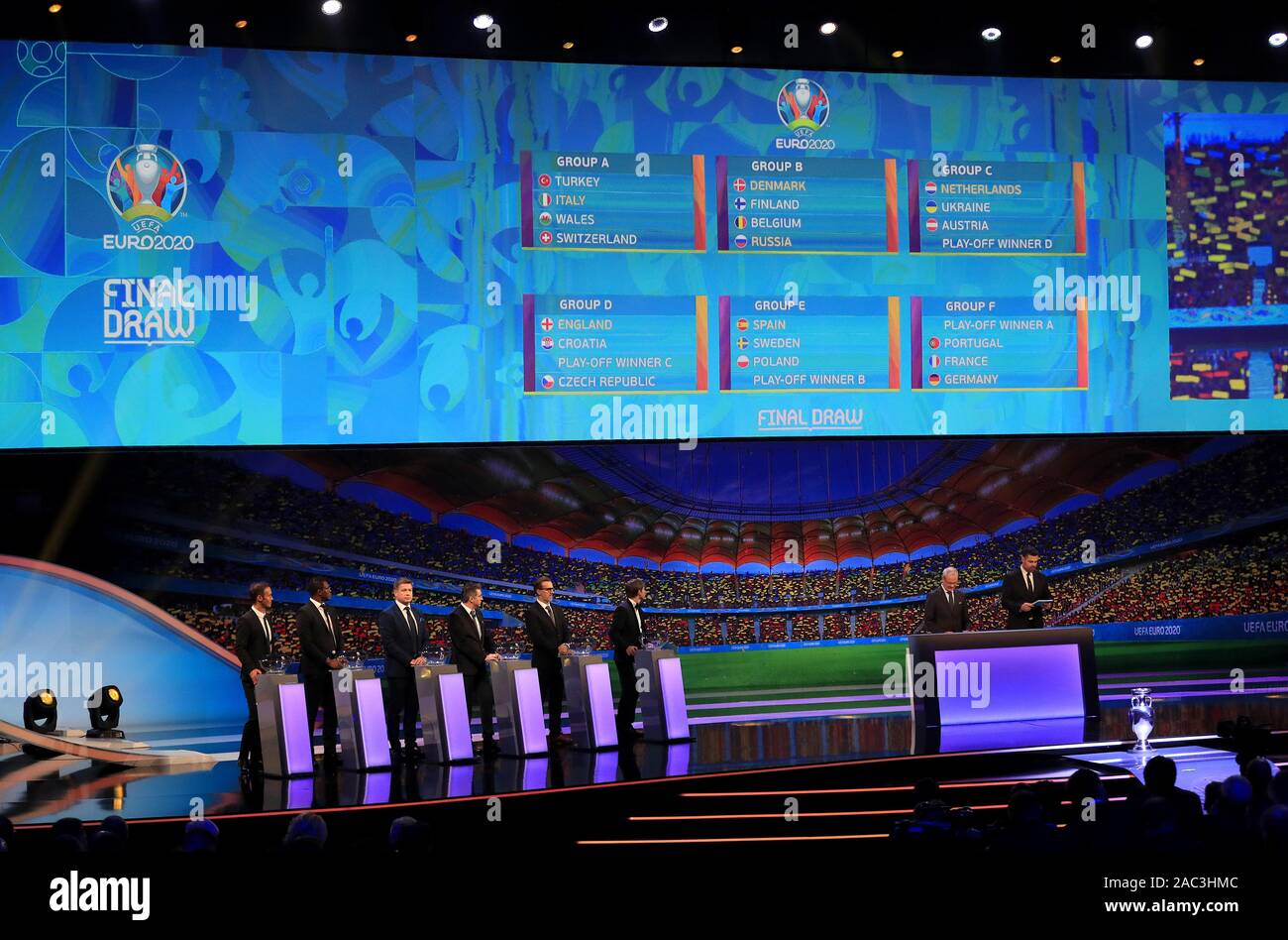 The screen displays the final groups during the Euro 2020 Draw at the ...