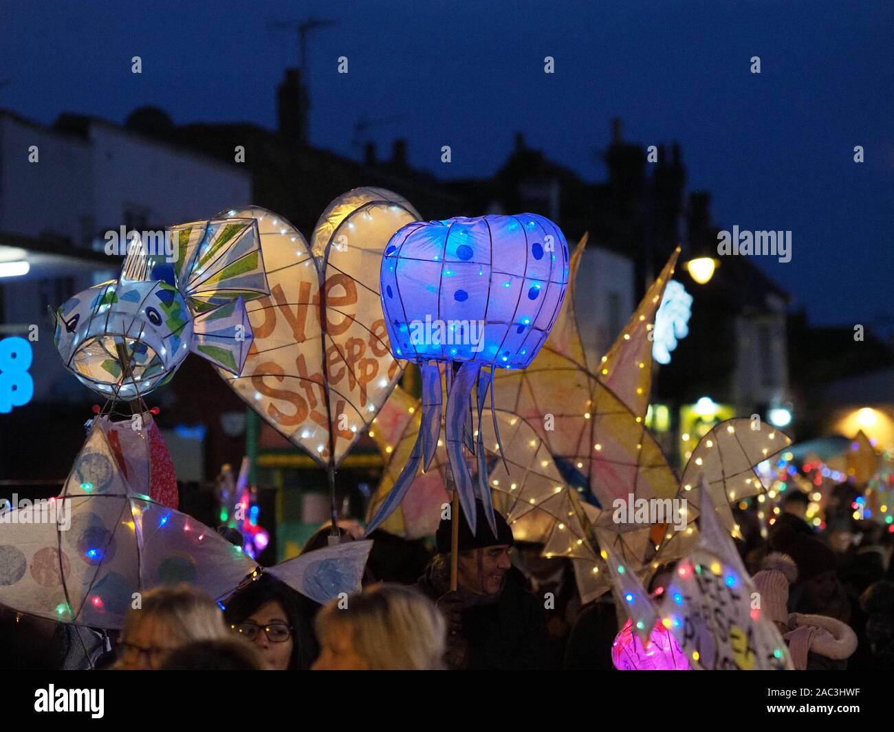 Sheerness, Kent, UK. 30th Nov, 2019. A brightly coloured lantern parade ...