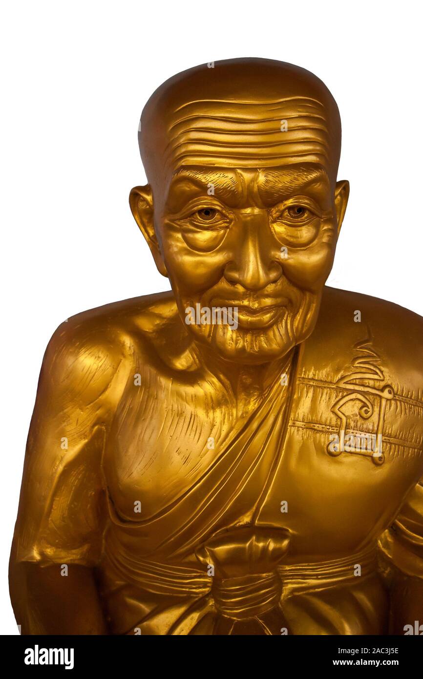 Golden Buddhist old monk isolated on white background. Traditional Thai ...