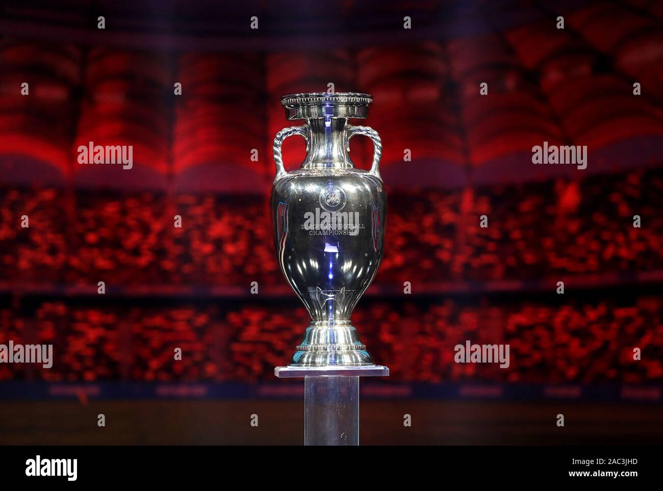 A view of the Euro 2020 trophy during the Euro 2020 Draw at the Romexpo ...