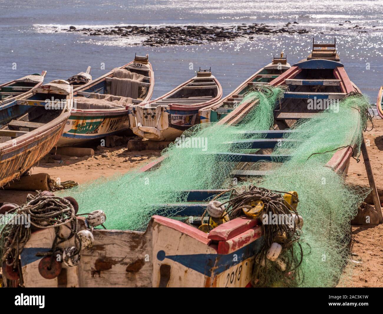 Dakar, Senegal - February 2, 2019: Colored, wooden, fisher boats on the ...