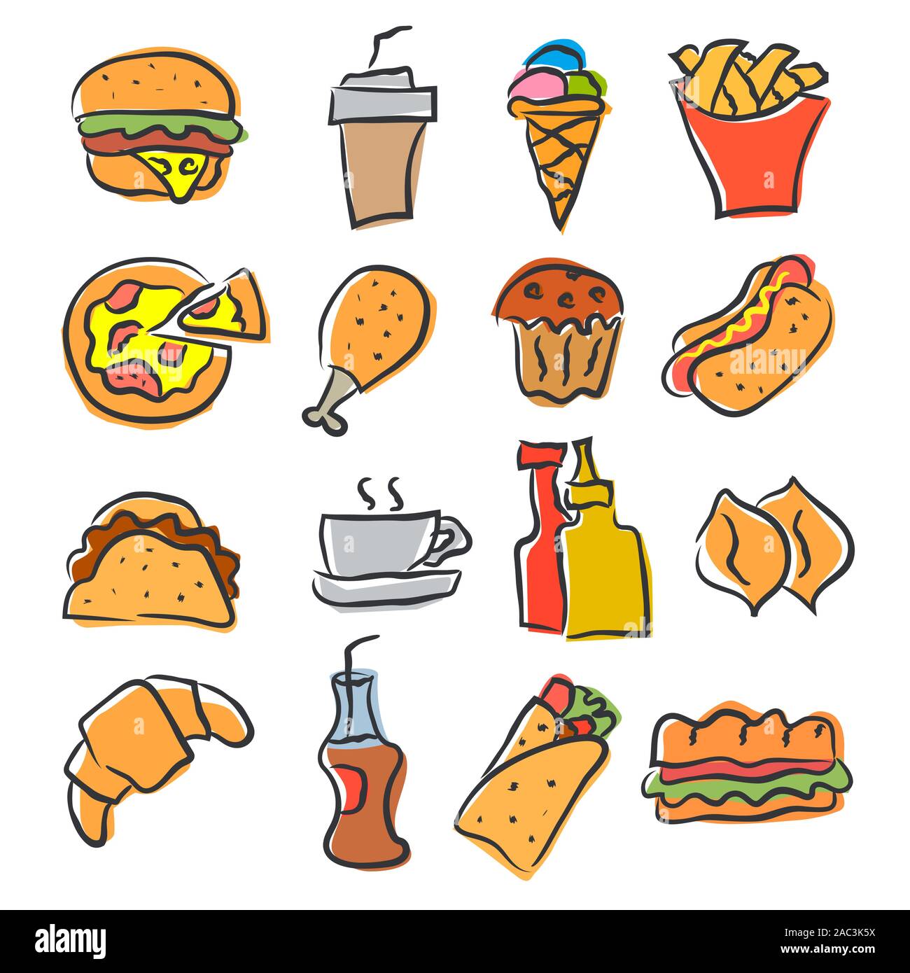 illustration of set fast food icons and signs drawings and sketches ...