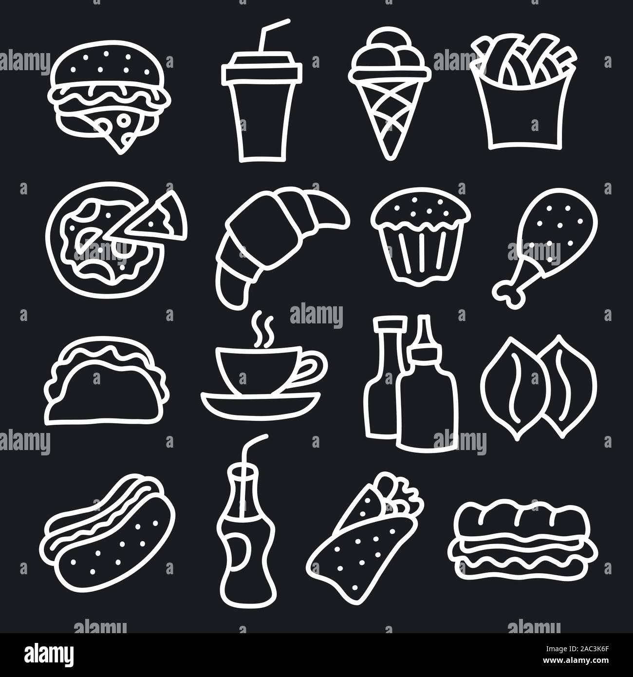 illustration of set fast food icons and signs black and white drawings ...