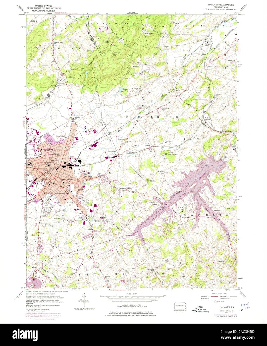 USGS TOPO Map Pennsylvania PA Hanover 170743 1954 24000 Restoration ...