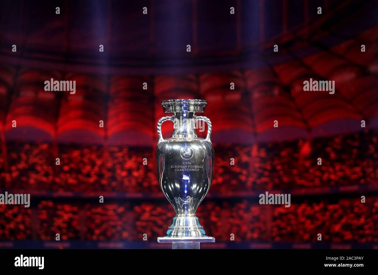 A view of the Euro 2020 trophy during the Euro 2020 Draw at the Romexpo ...