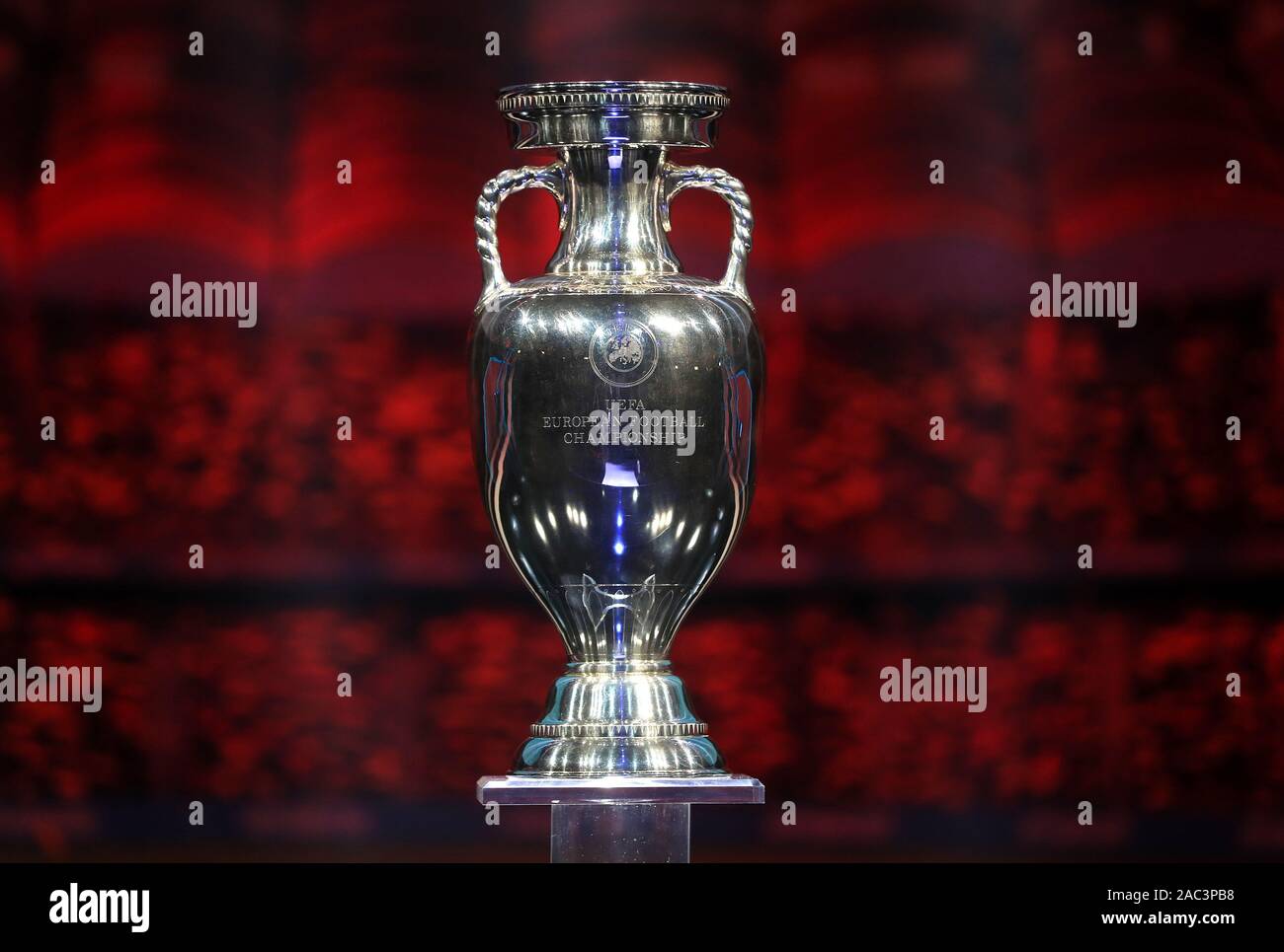 A view of the Euro 2020 trophy during the Euro 2020 Draw at the Romexpo ...