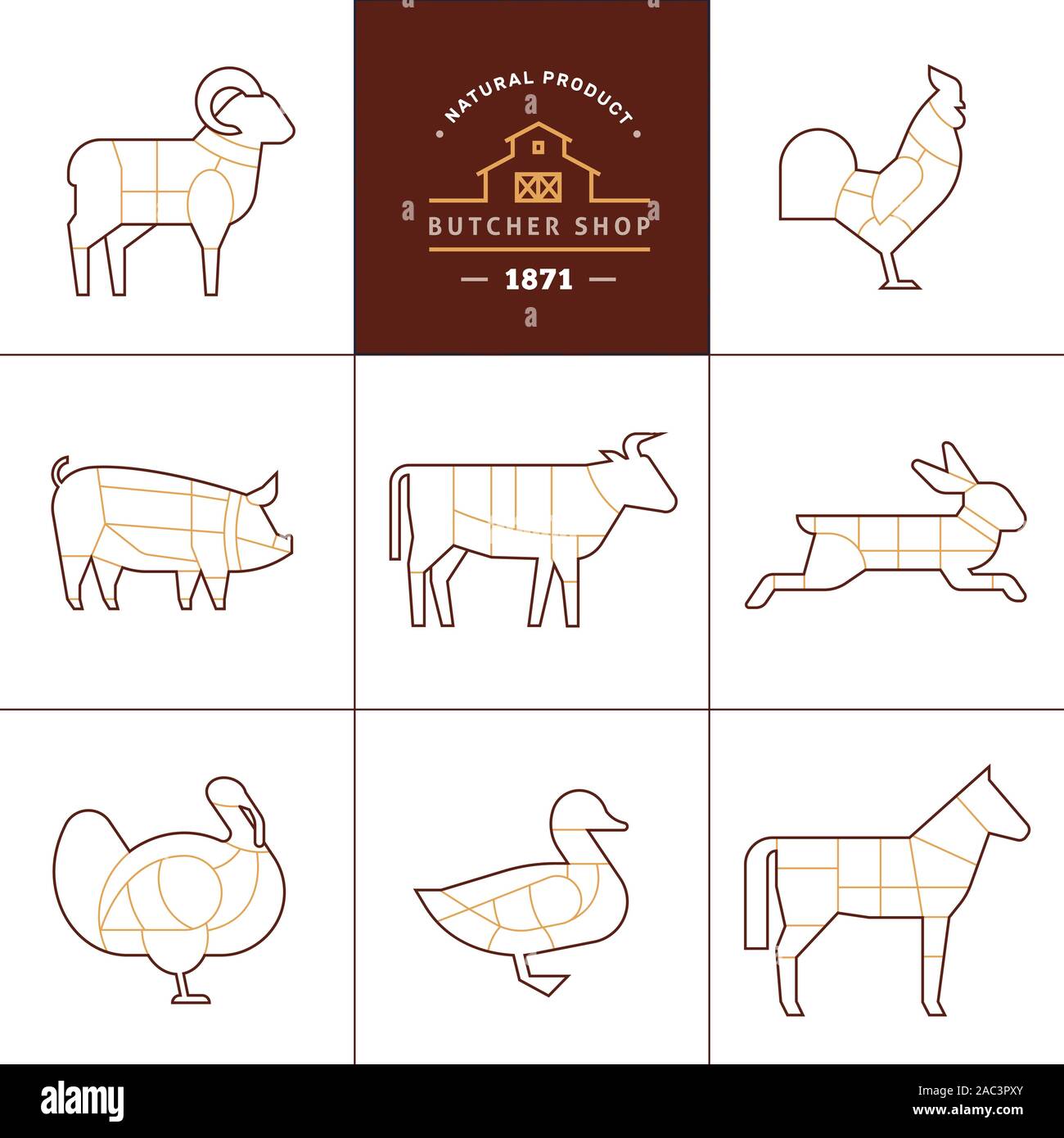 Set a schematic view of animals for the butcher shop Stock Vector Image ...