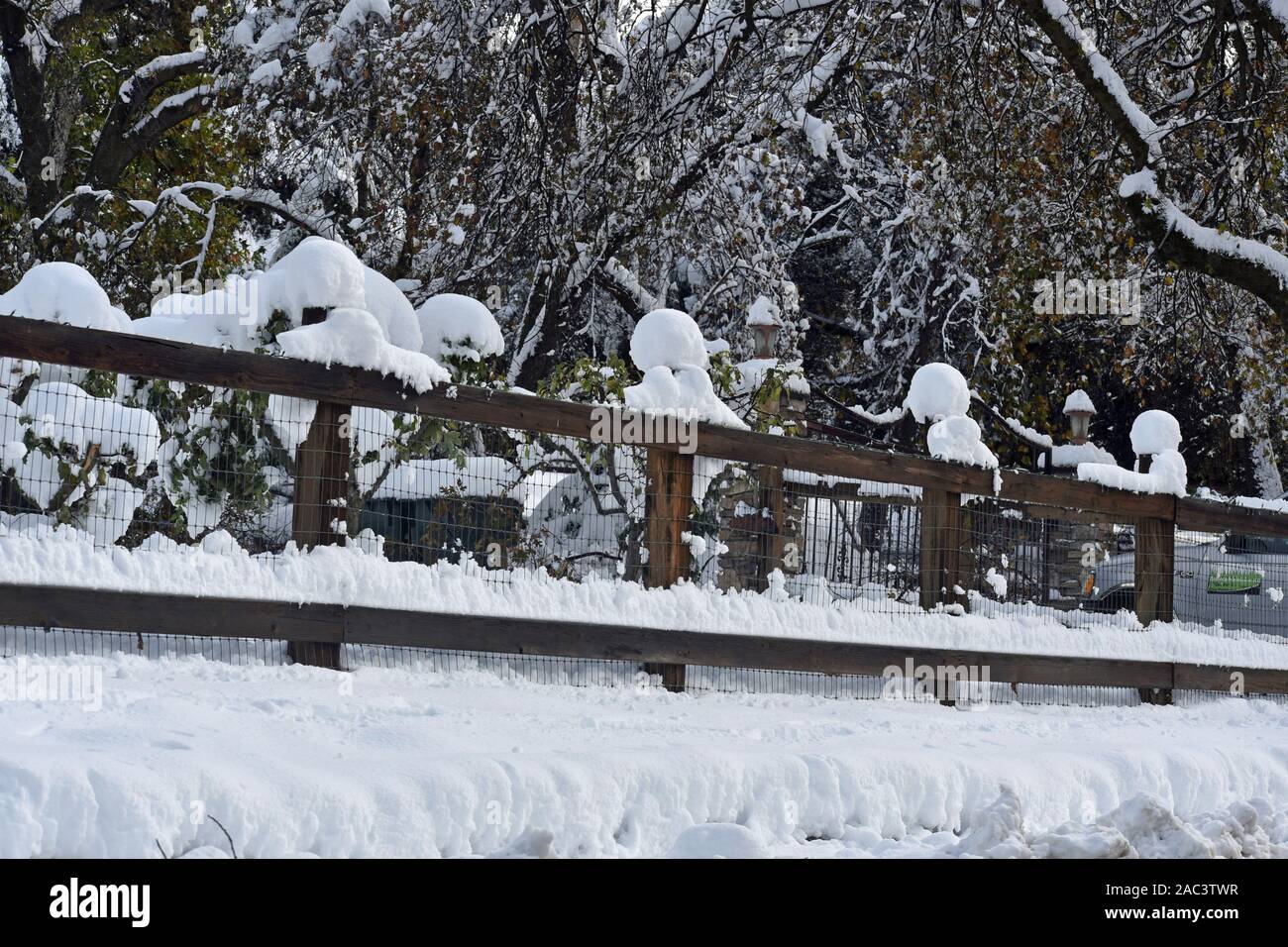 Snow on a Fence Stock Photo - Alamy