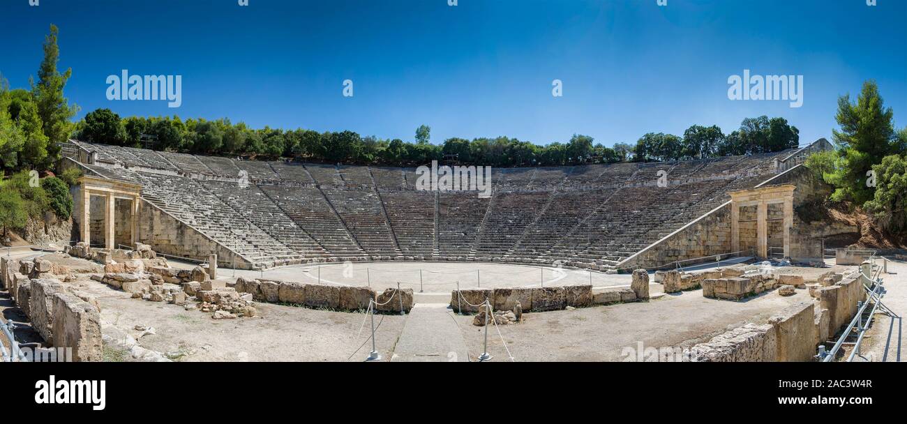 Panorama of The theater of Epidaurus (or Epidavros) in Peloponnese ...