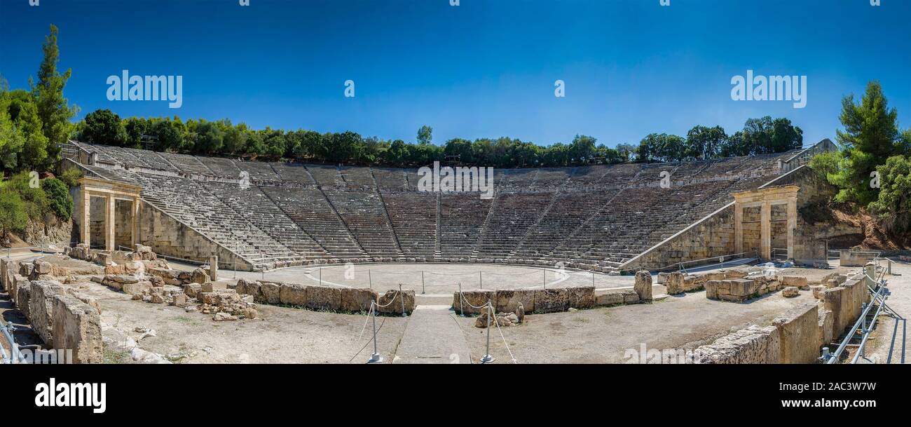 Panorama of The theater of Epidaurus (or Epidavros) in Peloponnese ...