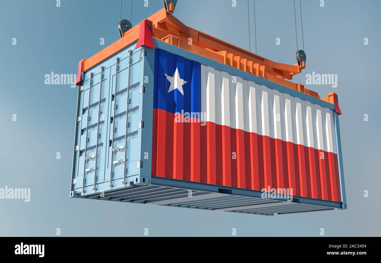 Freight container with Chile national Flag design hanging on a spreader ...