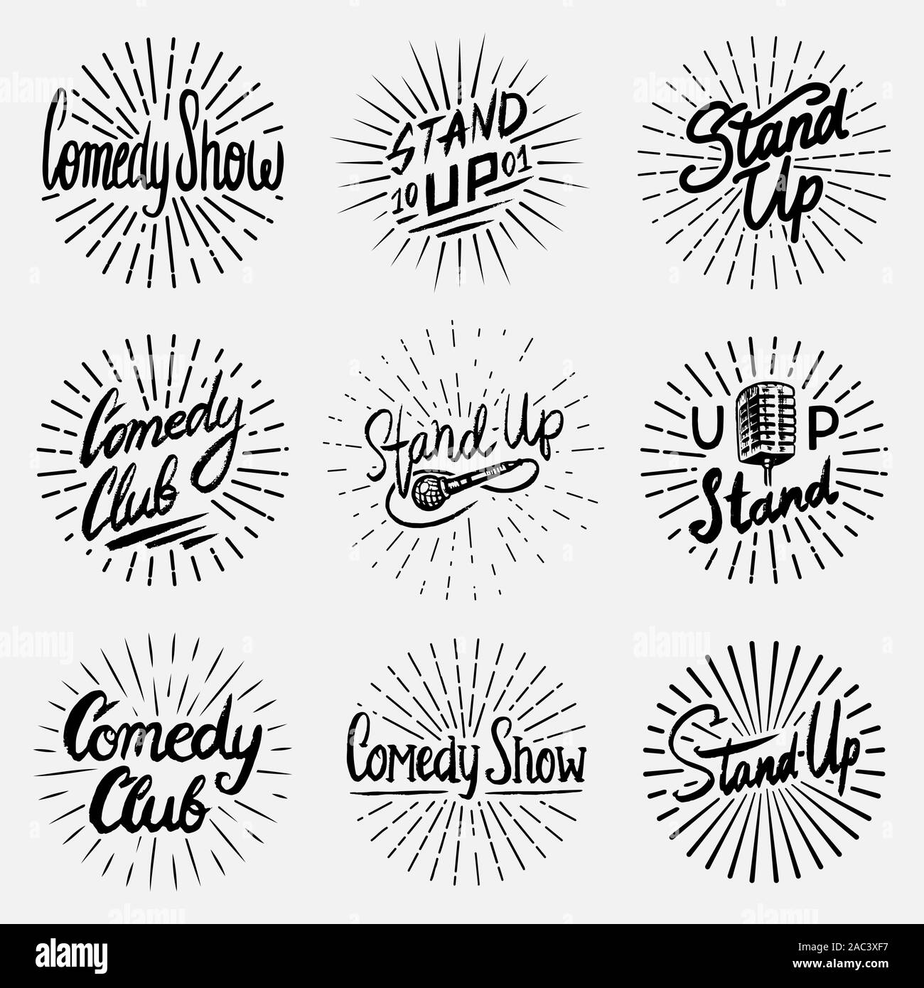 Lettering Stand Up set. Calligraphic text comedy show. Engraved hand ...