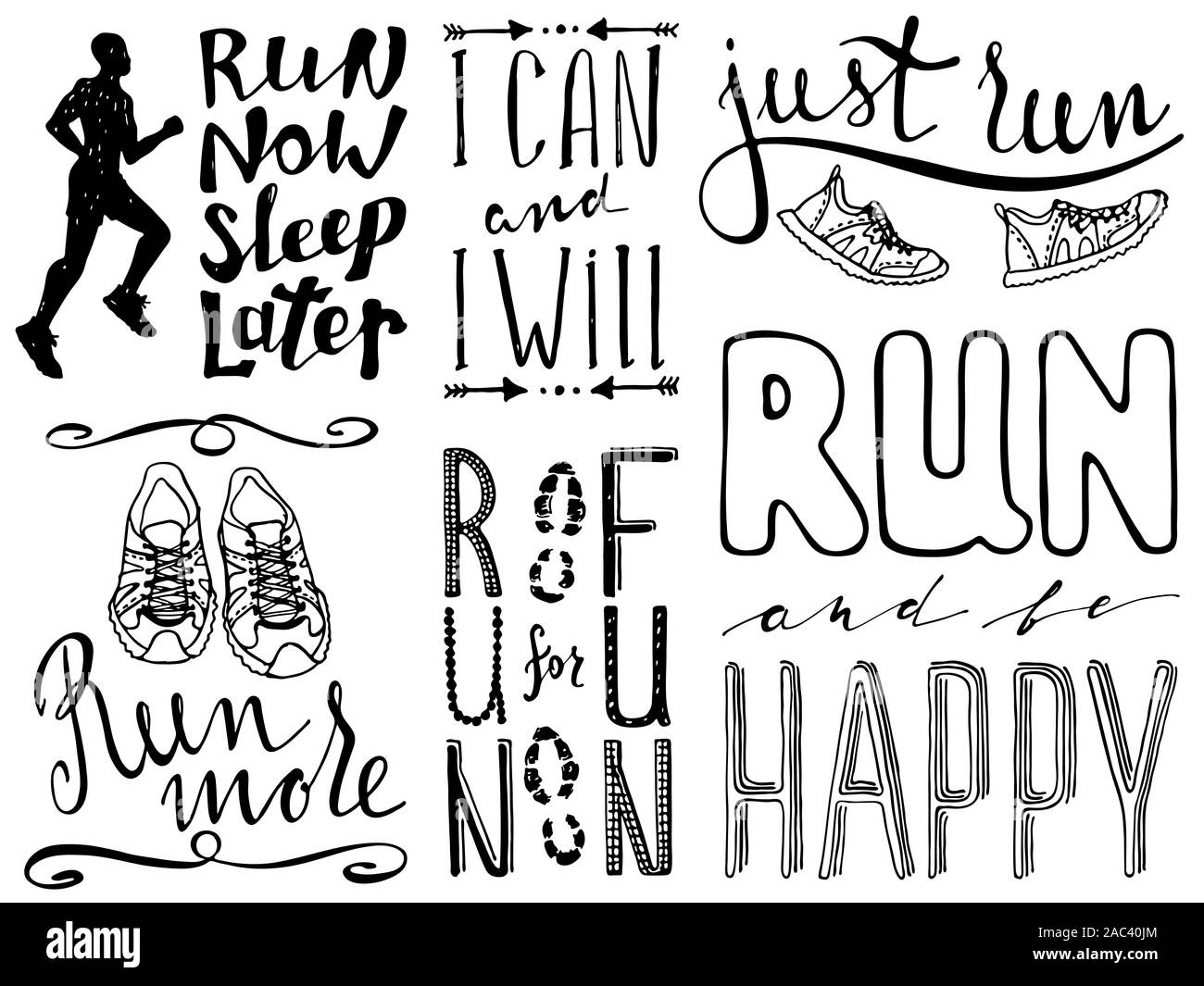 Run motivation phrases set. Hand drawn lettering about running. Sport ...