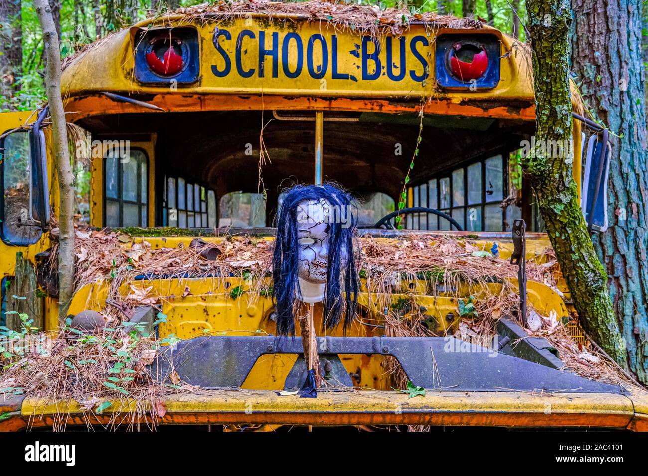 Horror Mask on School Bus in a Junkyard Stock Photo - Alamy