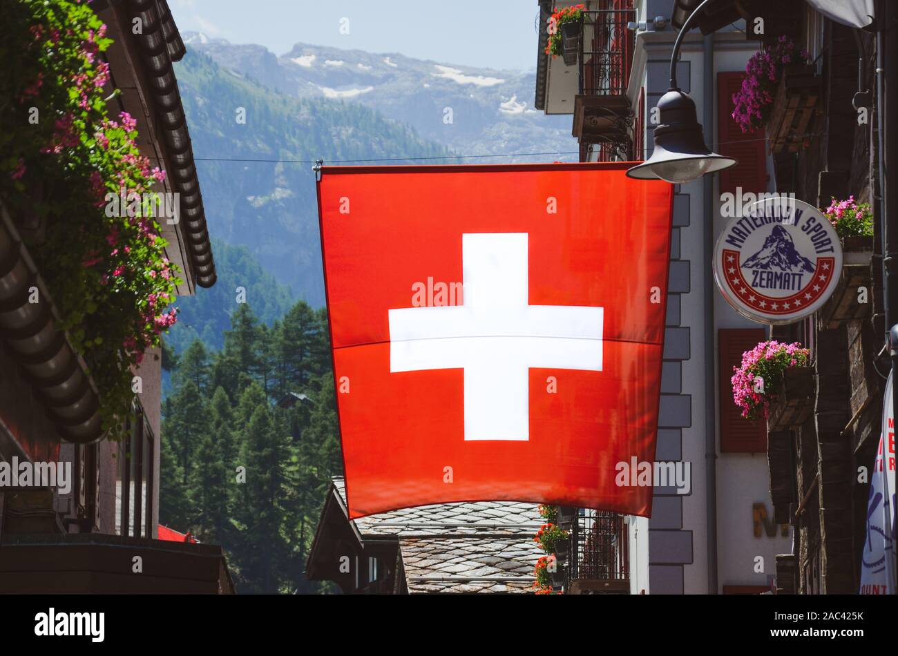 Zermatt, Switzerland - July 10 2019: National flag of Switzerland ...