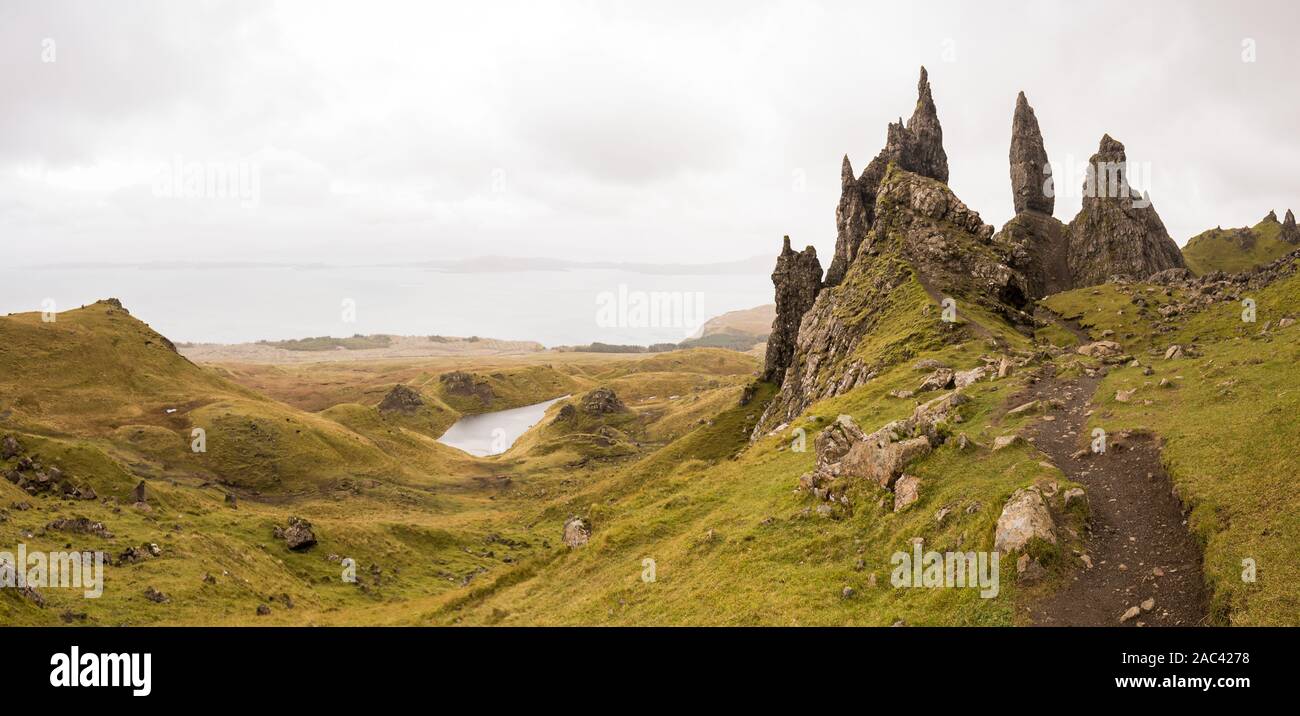 Beautiful autumn panoramic landscape in Scotland, wet weather outside ...