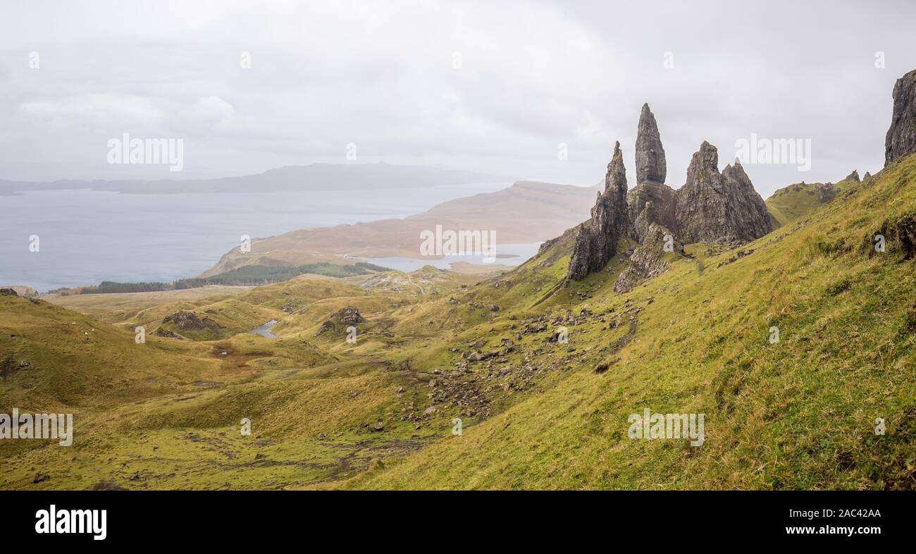 Beautiful autumn panoramic landscape in Scotland, wet weather outside ...