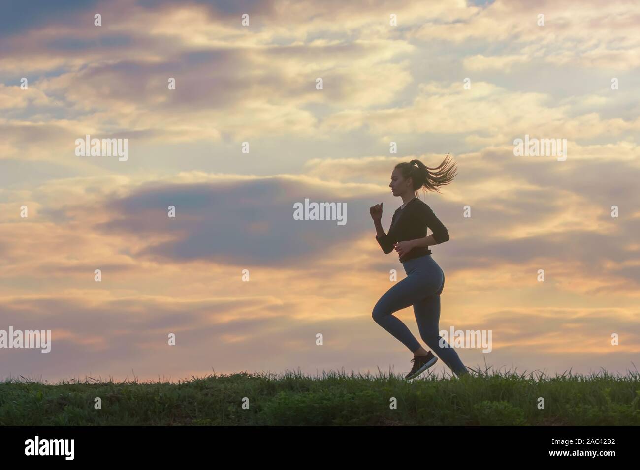 Running woman morning workout. Female Runner. Jogging during sunrise ...