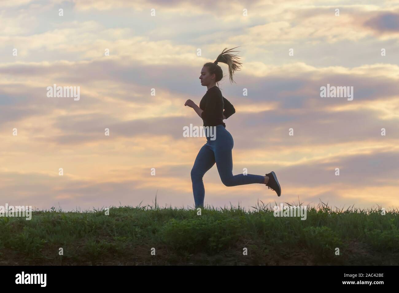 Running woman morning workout. Female Runner. Jogging during sunrise ...
