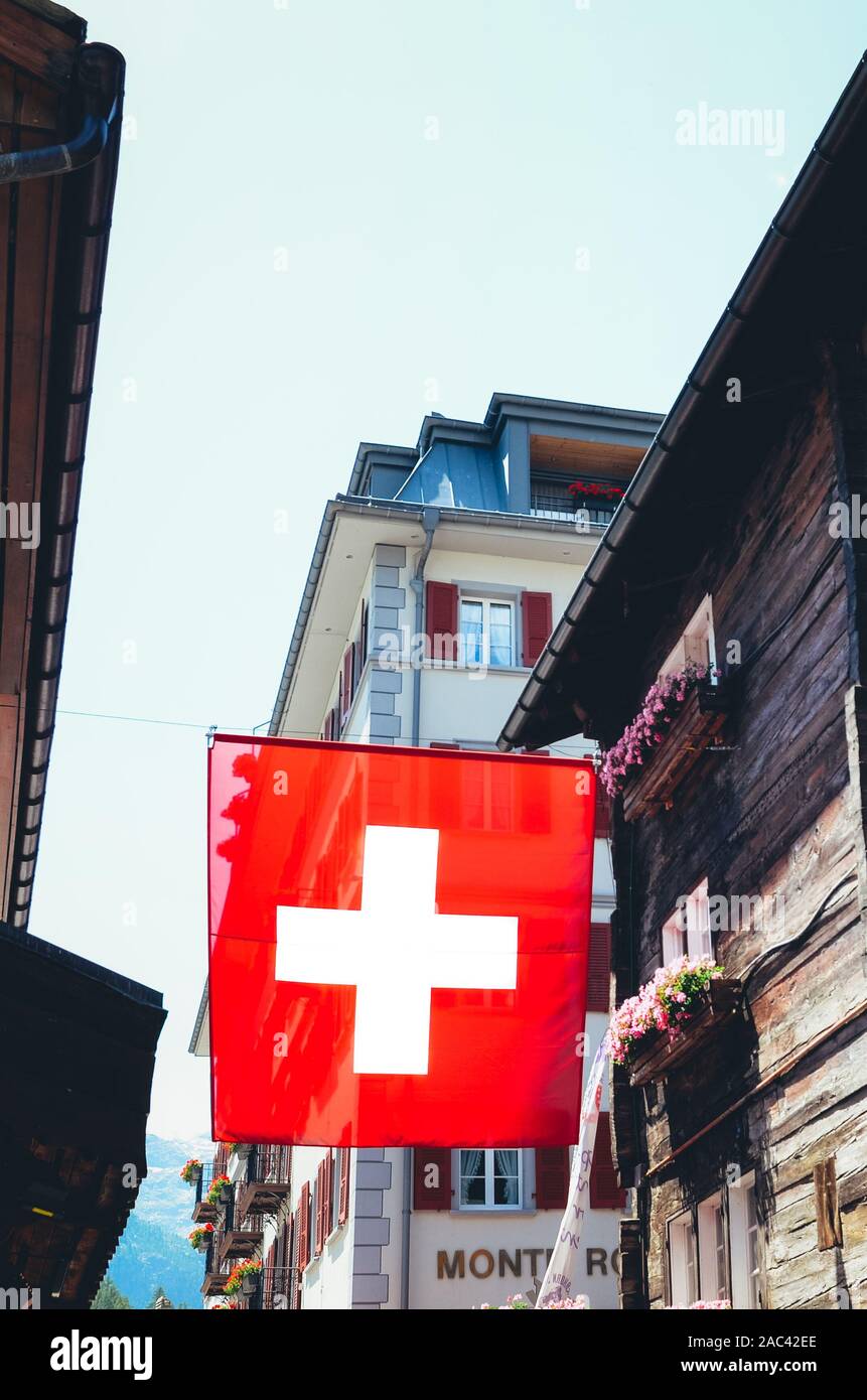 Zermatt, Switzerland - July 10 2019: National flag of Switzerland ...