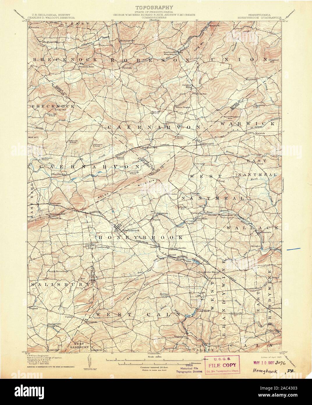 USGS TOPO Map Pennsylvania PA Honeybrook 167873 1907 62500 Restoration ...