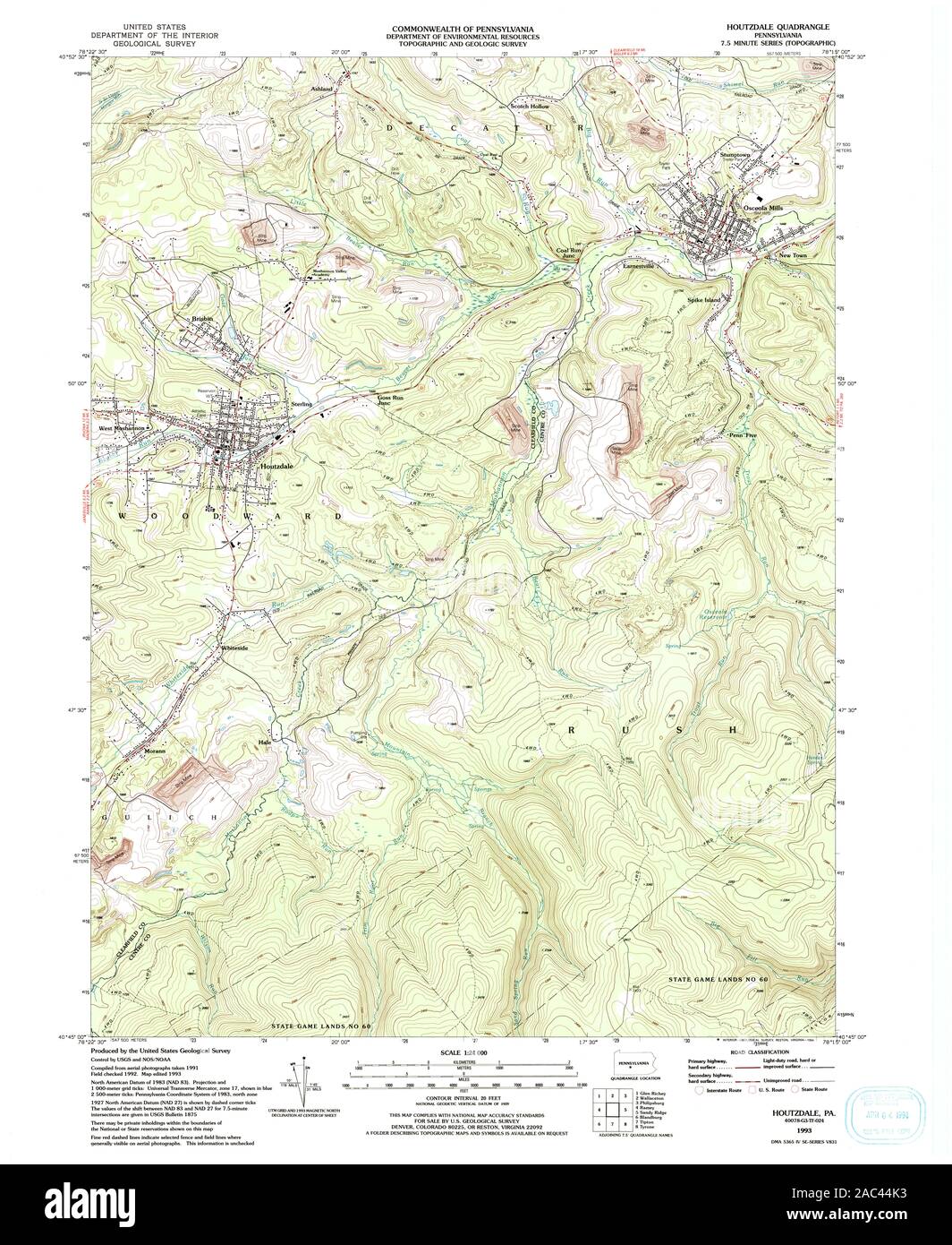 USGS TOPO Map Pennsylvania PA Houtzdale 222883 1993 24000 Restoration ...