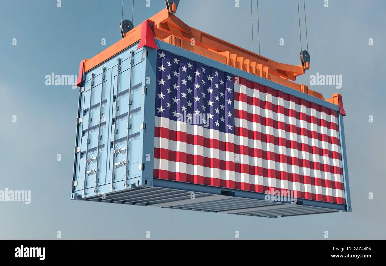 Freight container with USA Flag design hanging on a spreader - 3D ...
