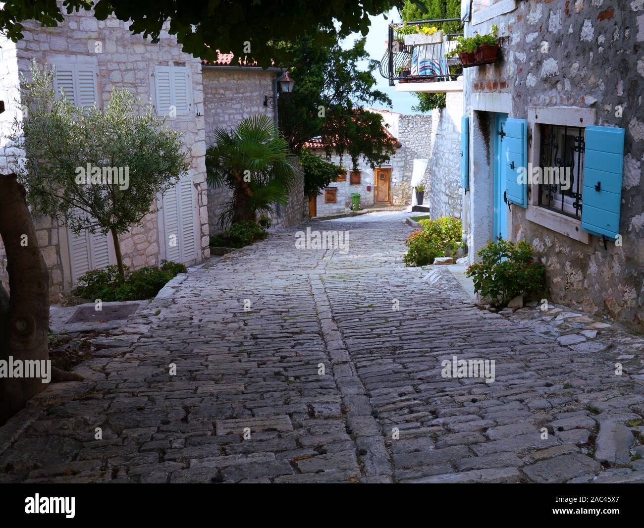 Cobblestone residential walkway in beautiful medieval town of Rovinj ...
