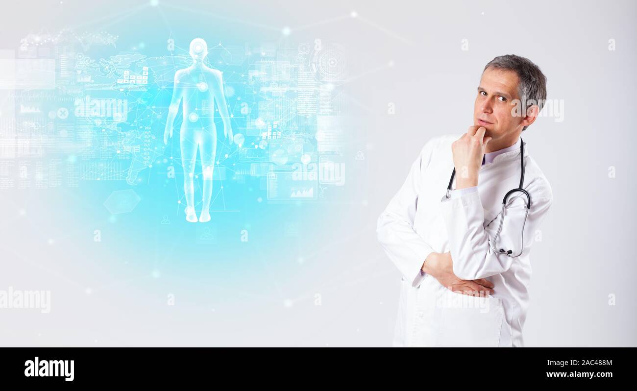 Middle aged scientist with full body map concept Stock Photo - Alamy