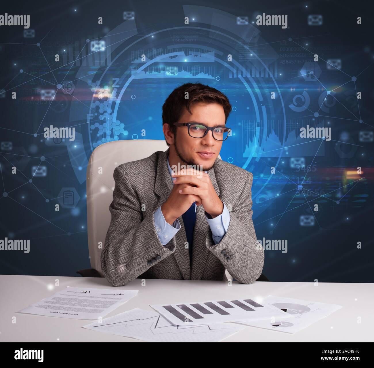 Manager in front of the office desk with connections and teamwork ...