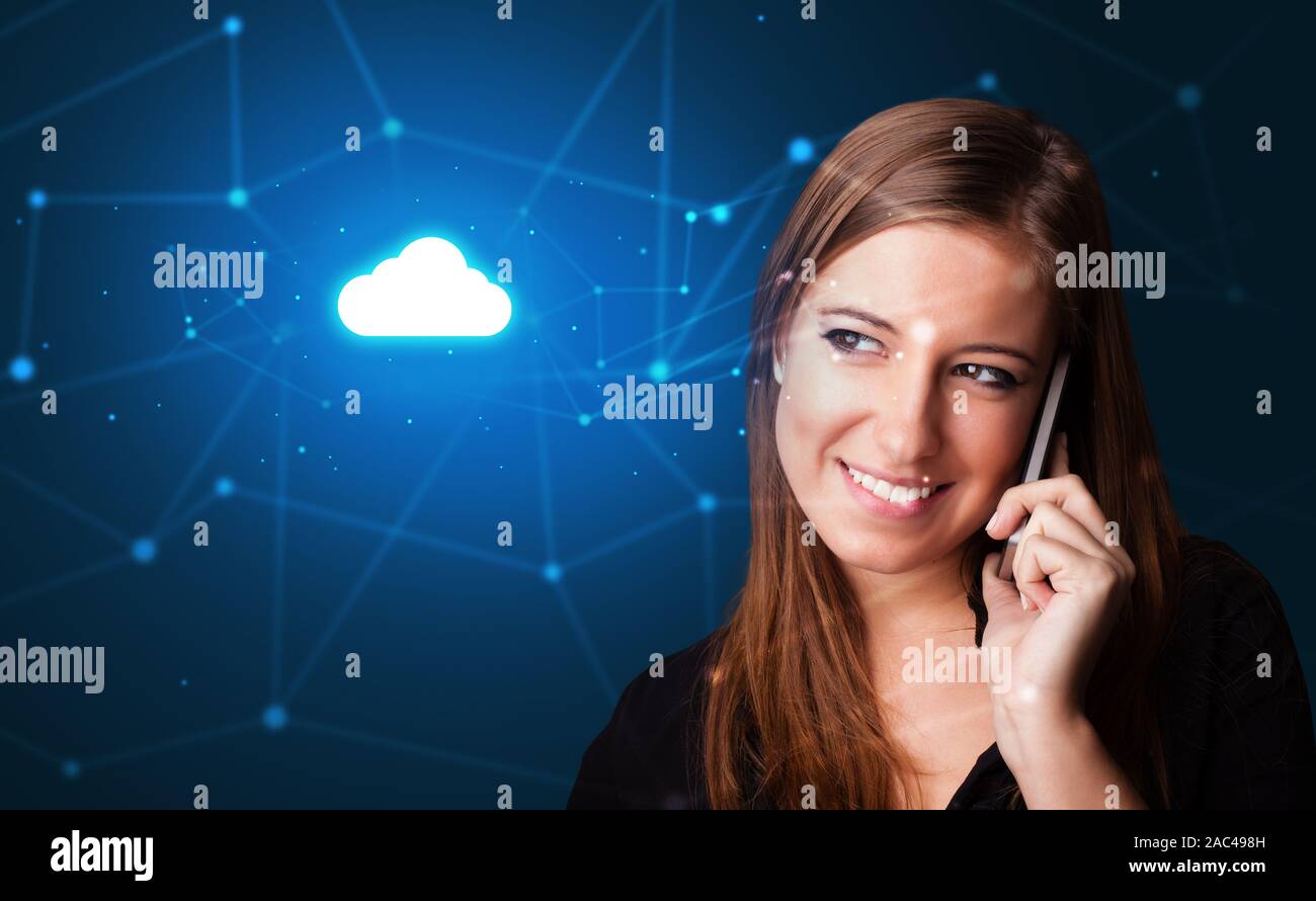 Person talking on the phone with blue cloud technology concept Stock ...