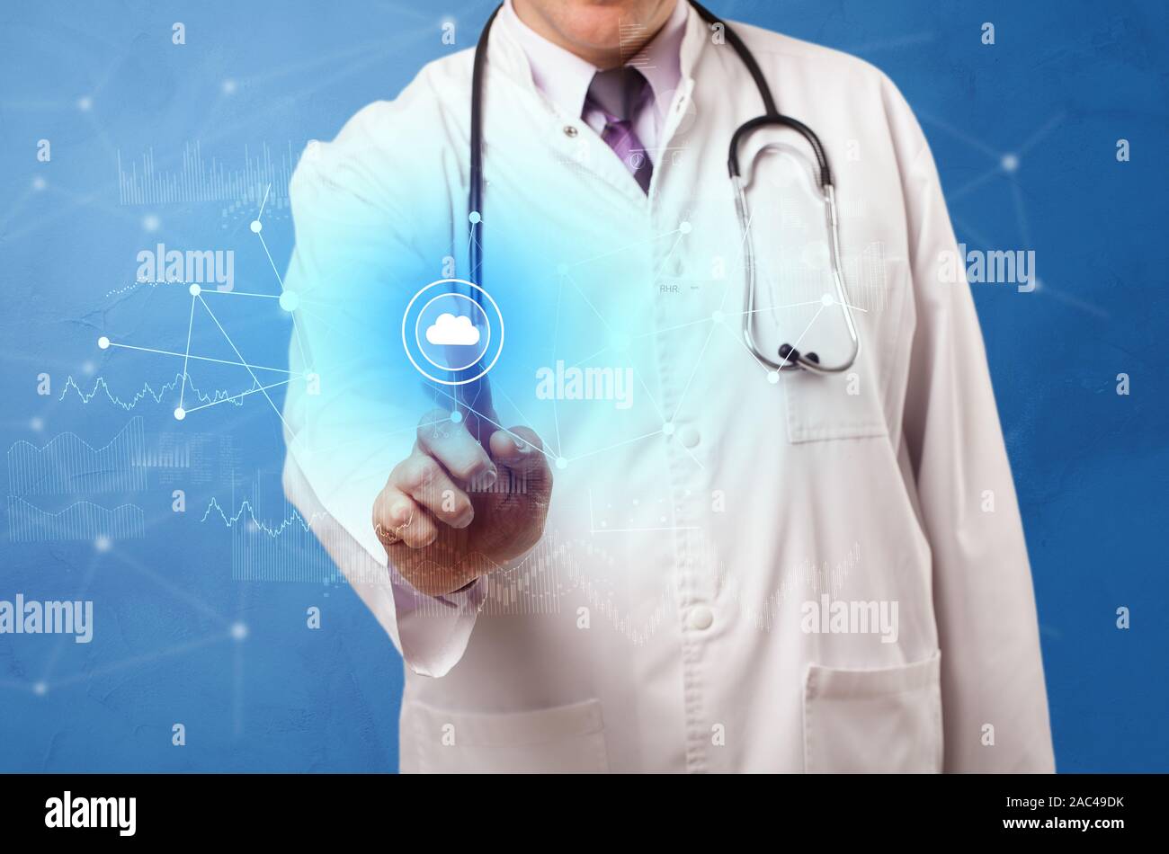 Doctor touching blue screen with virtual hospital concept Stock Photo ...