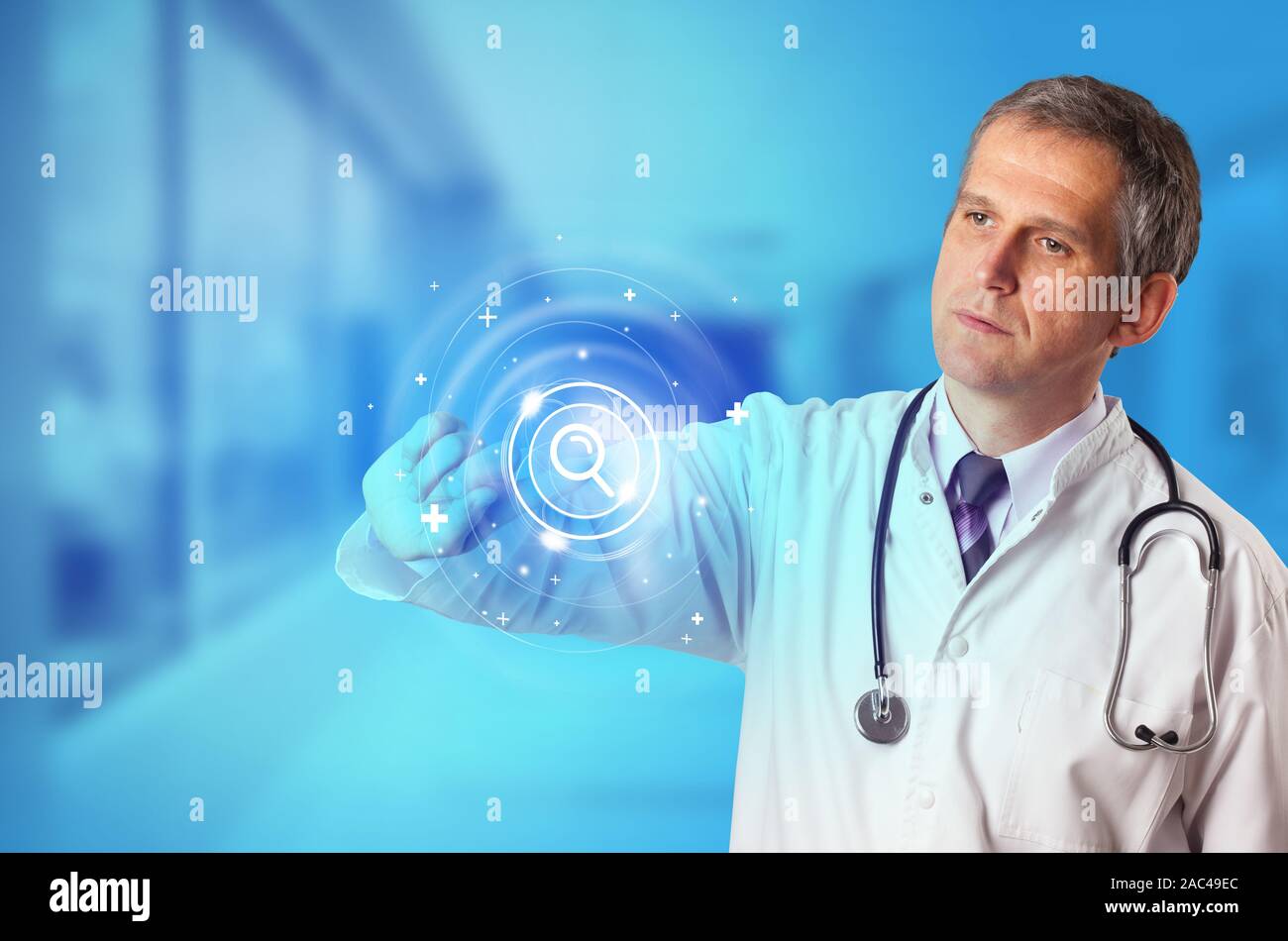 Doctor touching blue screen with call center concept Stock Photo - Alamy