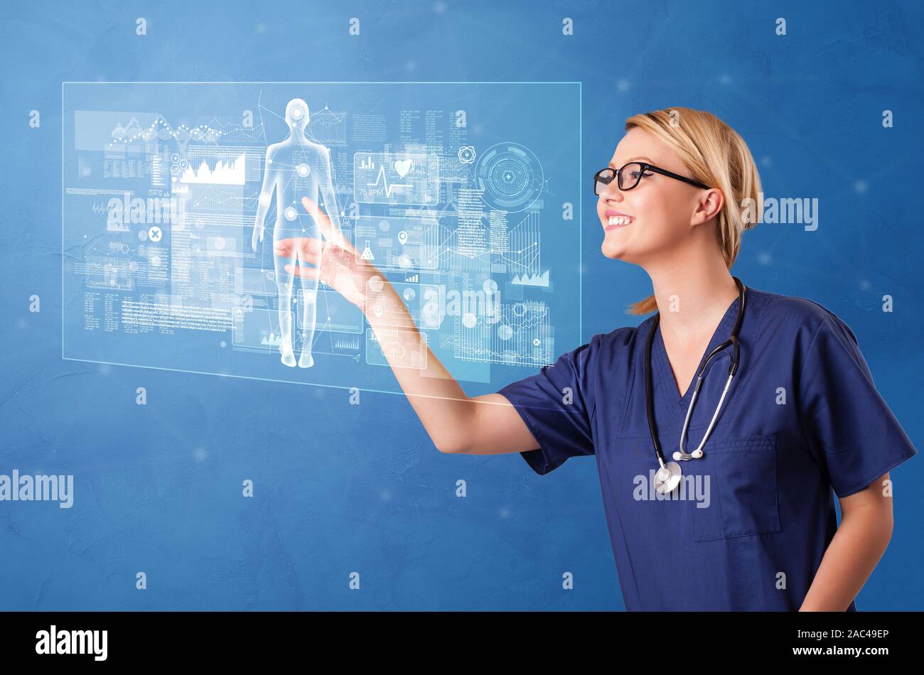 Doctor touching blue screen with full body analyze concept Stock Photo ...