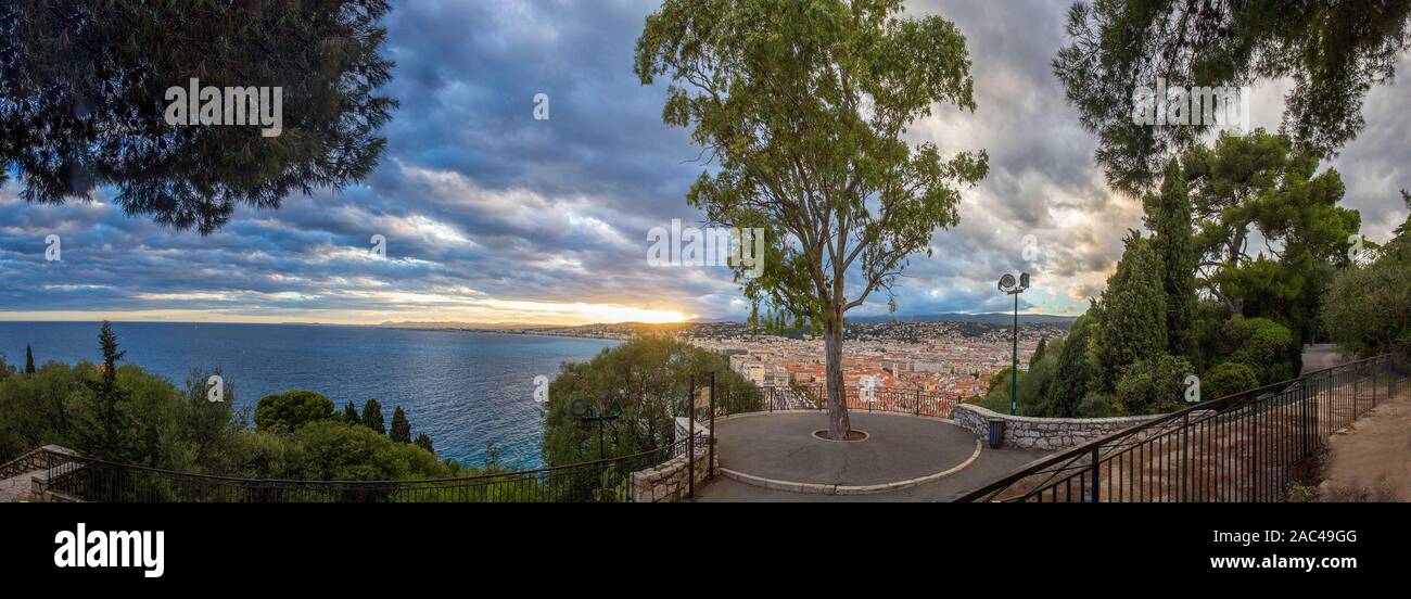 Majestic Panorama of Nice France Sunset . Edge of bay (left corner ...