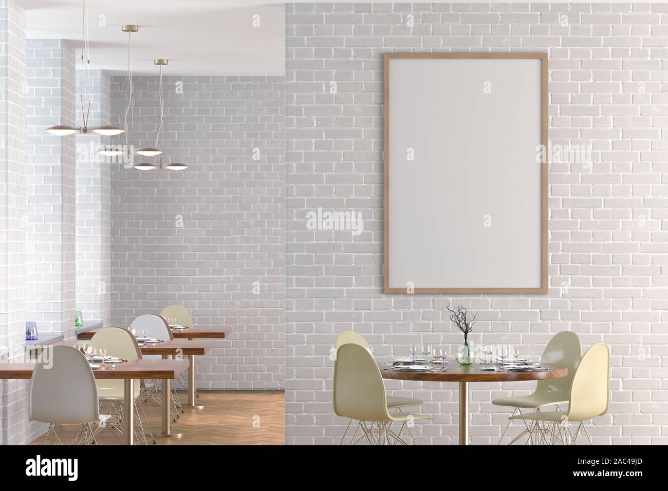 Cafe or restaurant intrerior with blank vertical poster on the white ...