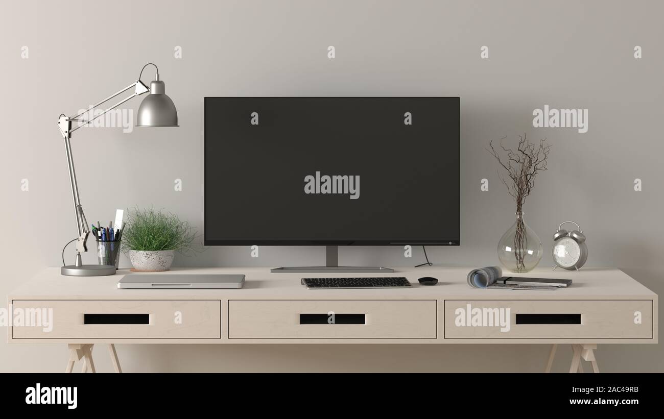 Desk with computer monitor. Workplace in the studio or at home with ...