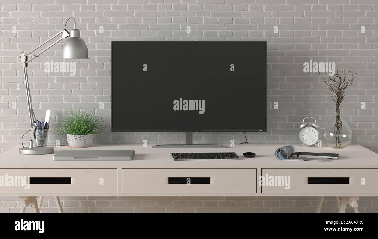 Desk with computer monitor. Workplace in the studio or at home with ...