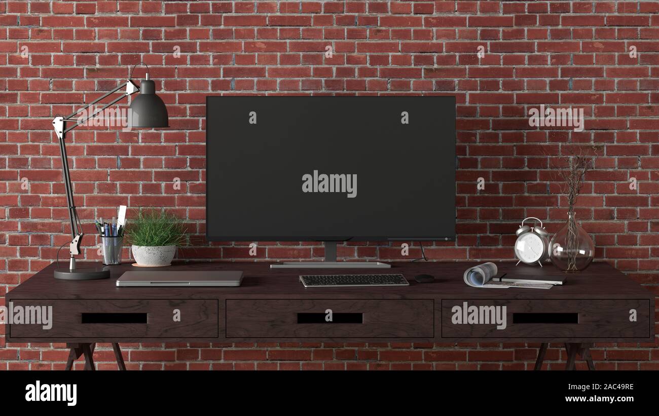 Desk with computer monitor. Workplace in the studio or at home with red ...