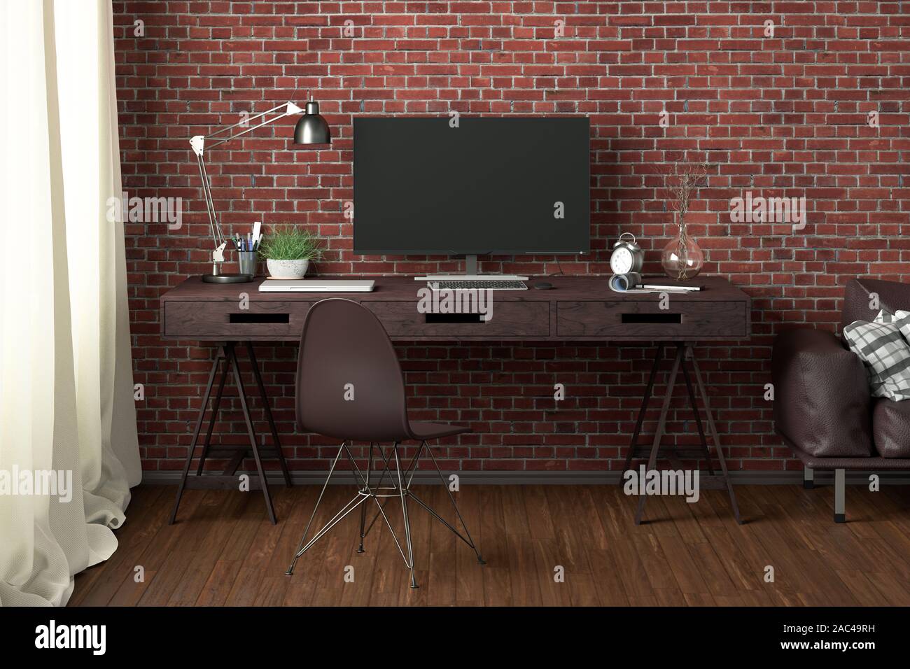 Desk with computer monitor. Workplace in the studio or at home with red ...