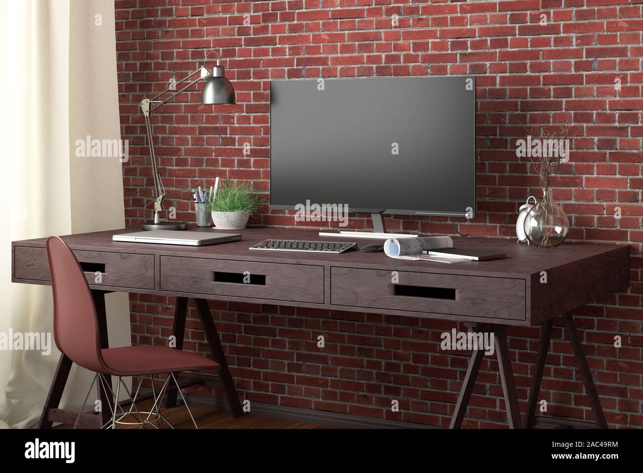 Desk with computer monitor. Workplace in the studio or at home with red ...