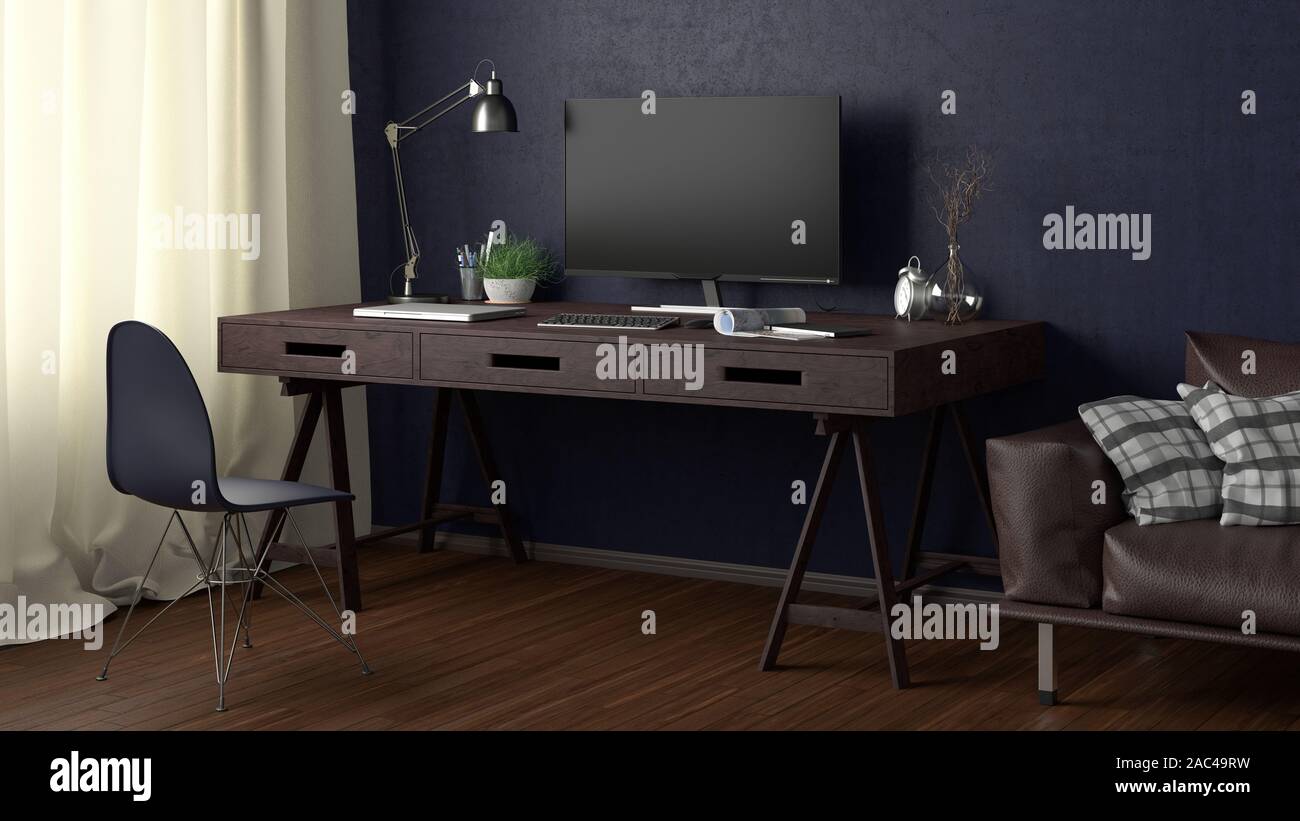 Desk with computer monitor. Workplace in the studio or at home with ...
