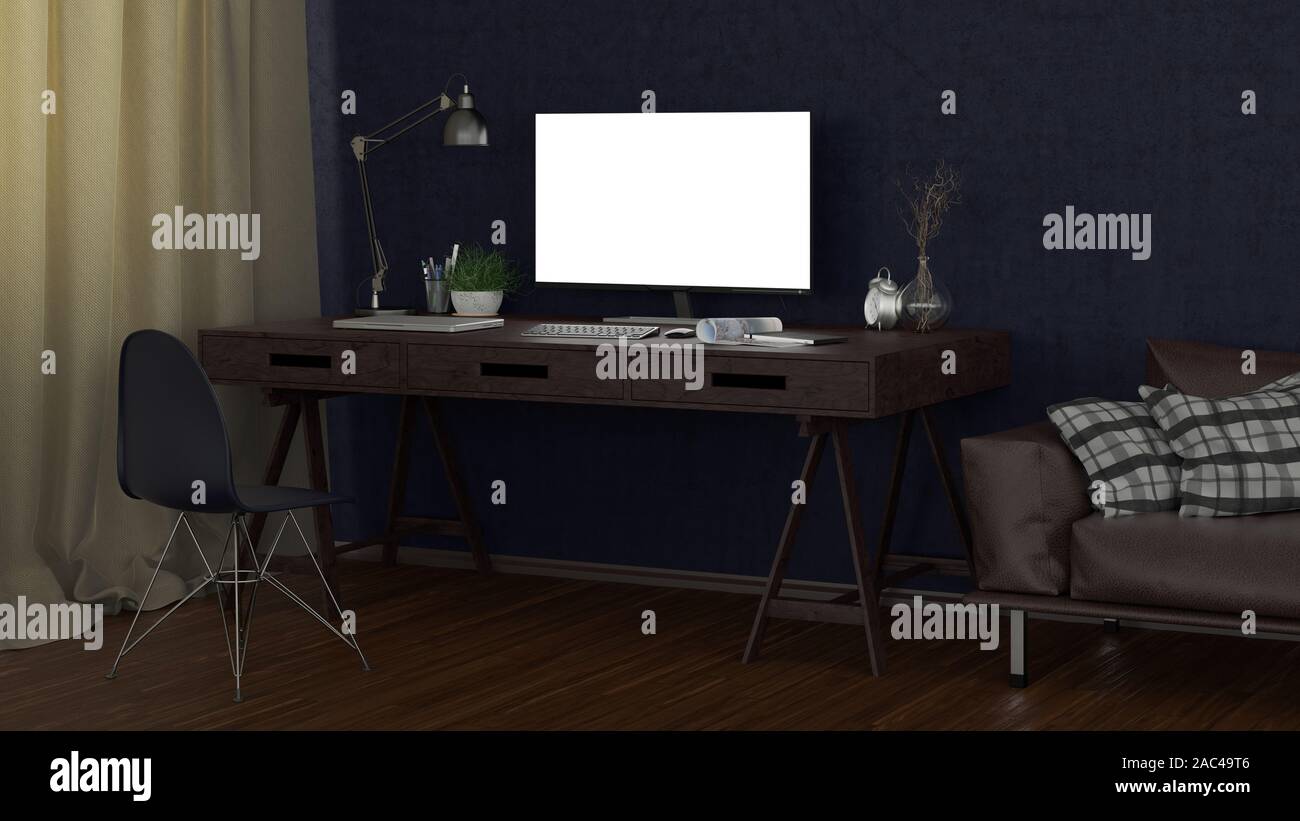 Bright computer monitor at night in the studio or at home workplace ...