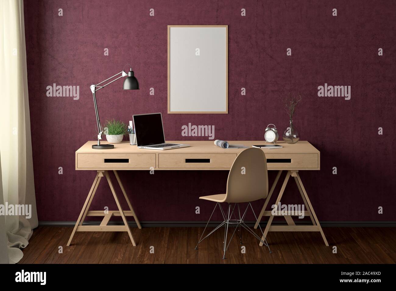 Workspace with vertical poster mock up on the red wall. Desk with ...