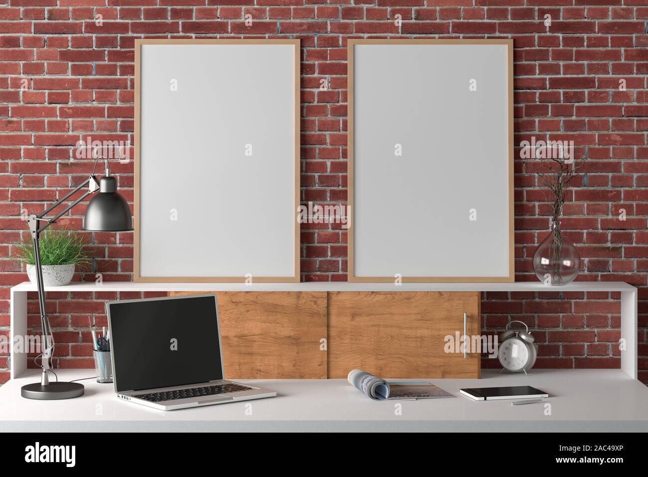 Workspace with two vertical posters mock up on the desk. Desk with ...