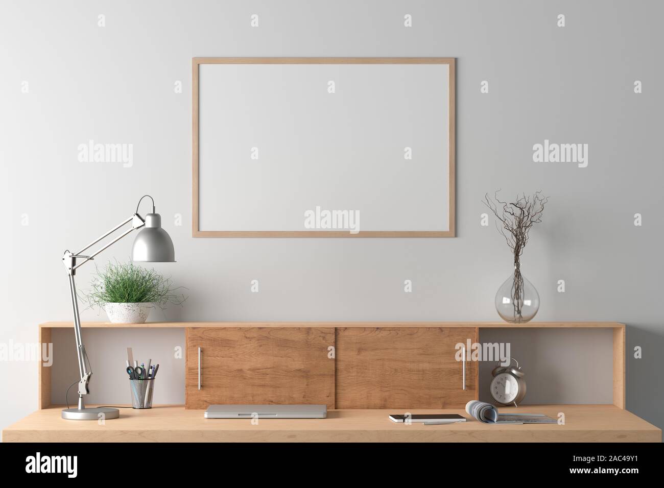 Workspace with horizontal poster mock up on the white wall. Desk with ...