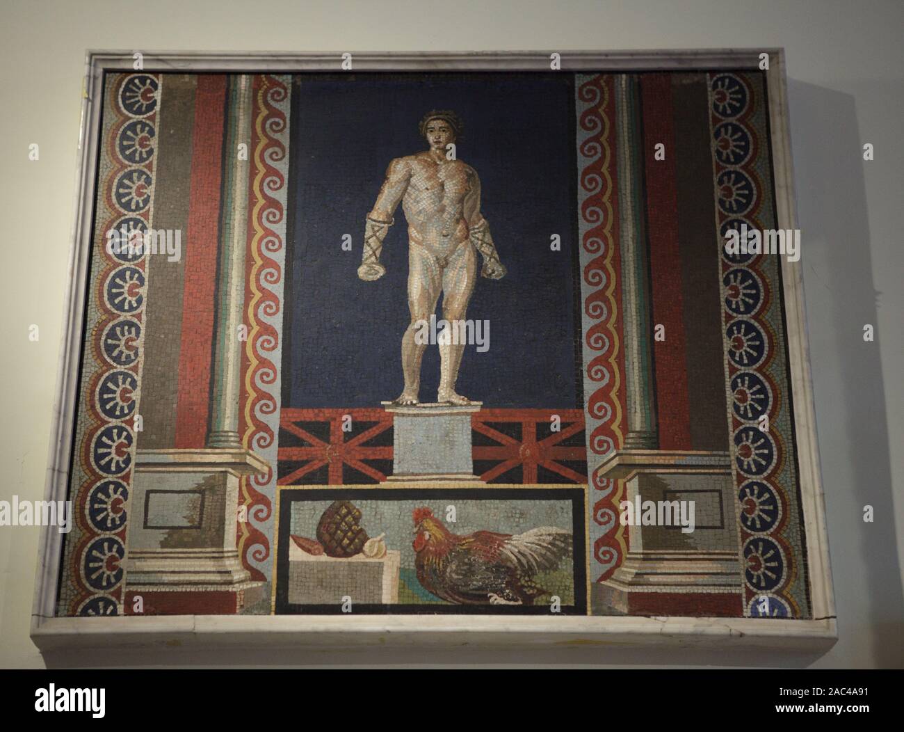 Boxer on plinth. Vesuvius area. Ancient Roman mosaic. Naples, Italy ...